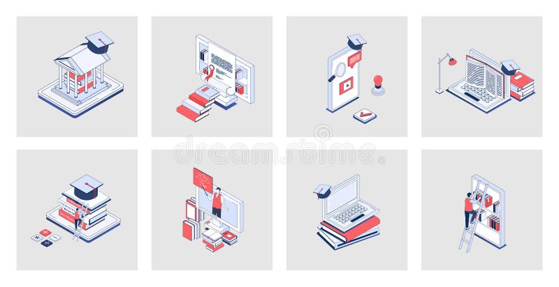 Online Education Concept of Isometric Icons in 3d Isometry Design for ...
