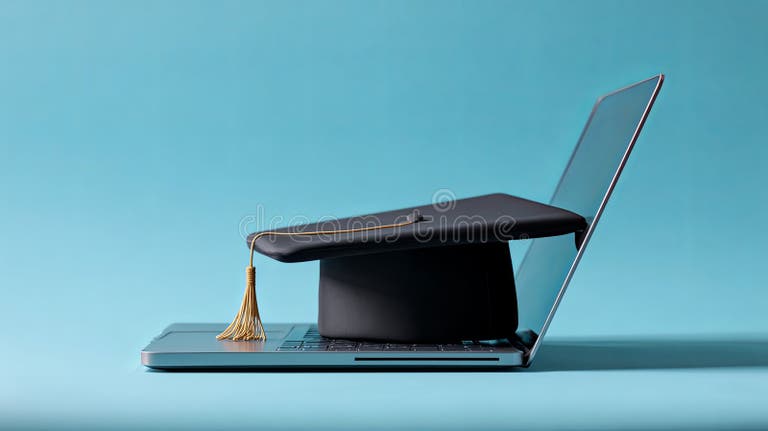 Online Education Concept with Laptop and Graduation Cap Stock Photo ...