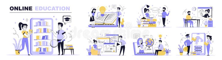 Online Education Concept Set in Flat Web Design. Collection with People Learning Distant at ...