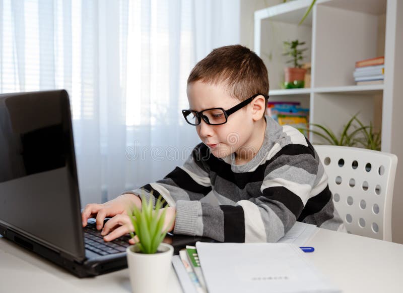 Online Education and Distance Learning Schoolboy Doing School Homework ...