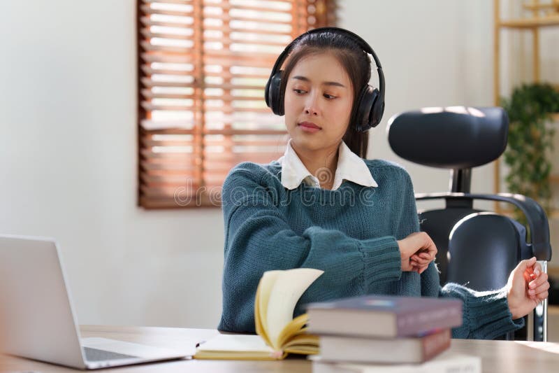 Online Education, E-learning. Asian Woman Relaxing after Studying Using ...