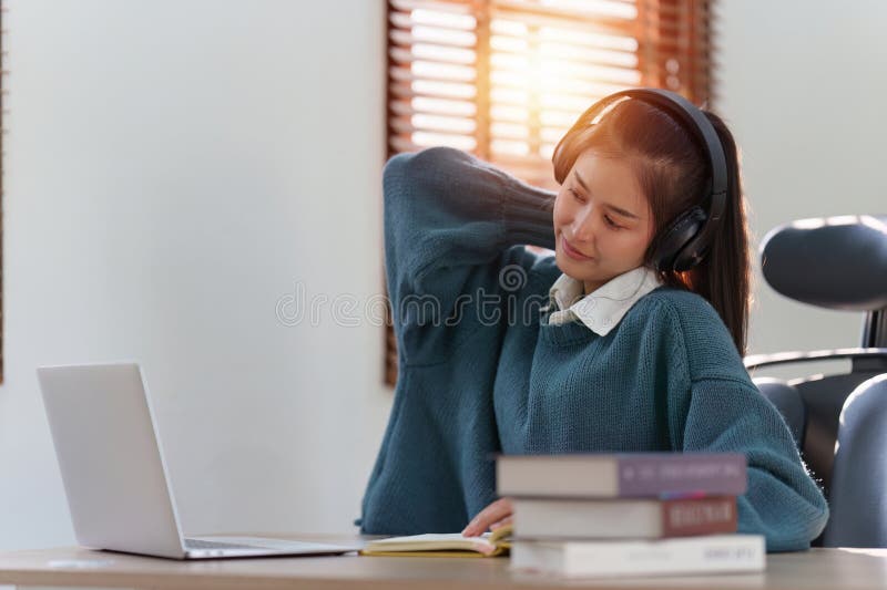 Online Education, E-learning. Asian Woman Relaxing after Studying Using ...