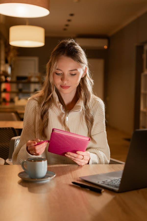 Online Education and E-learning Concept. Female Student Open the Diary ...