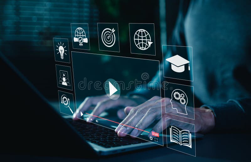 Online Education and E-learning Concept. Person Use Laptop with Icons ...