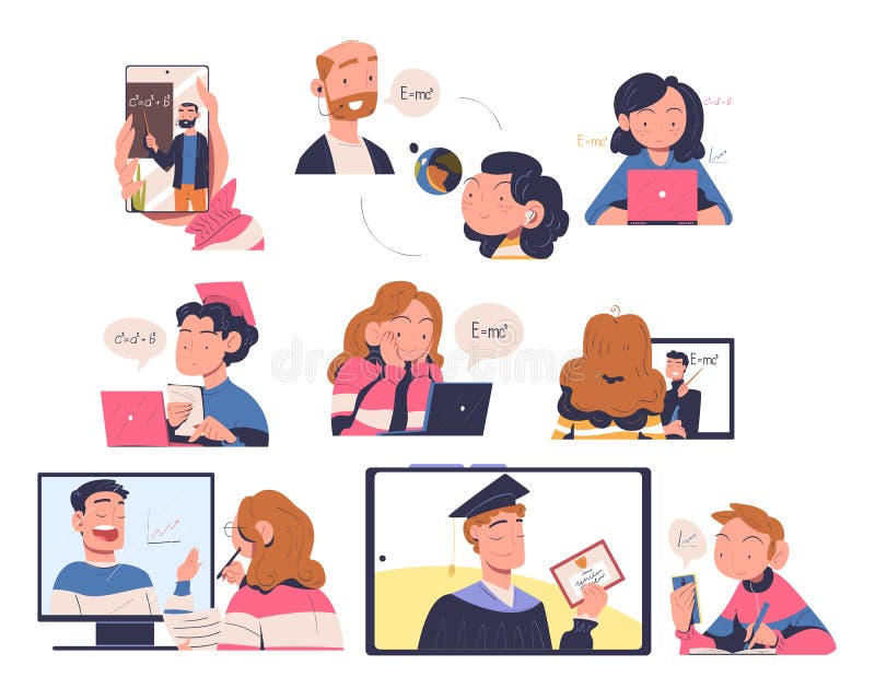 Online Education and E-learning with People Characters Having Lesson on ...