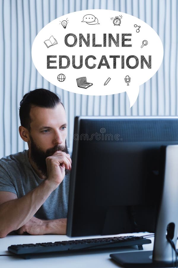 Online Education E-learning Technology Pensive Man Stock Photo - Image ...