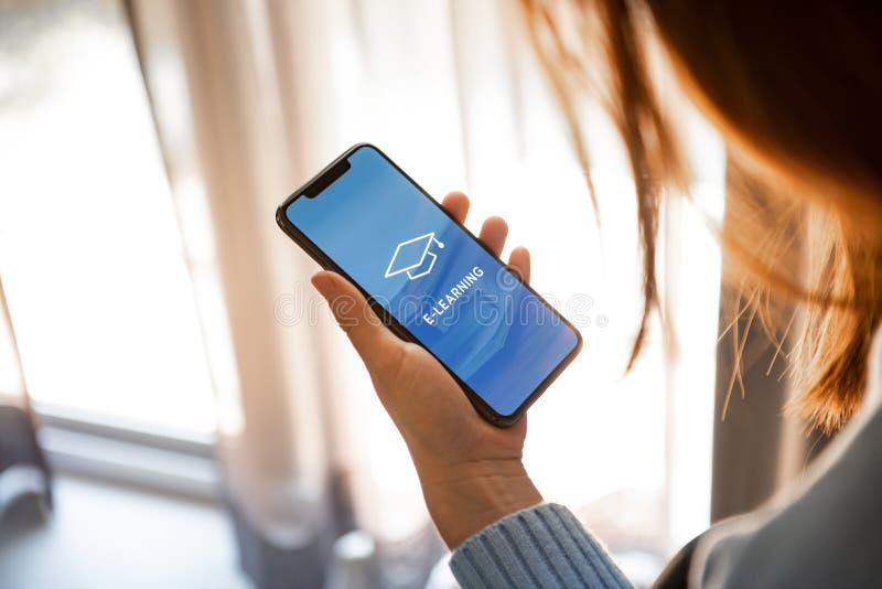 Online Education, E-learning. Young Woman Using Mobile Phone with ...