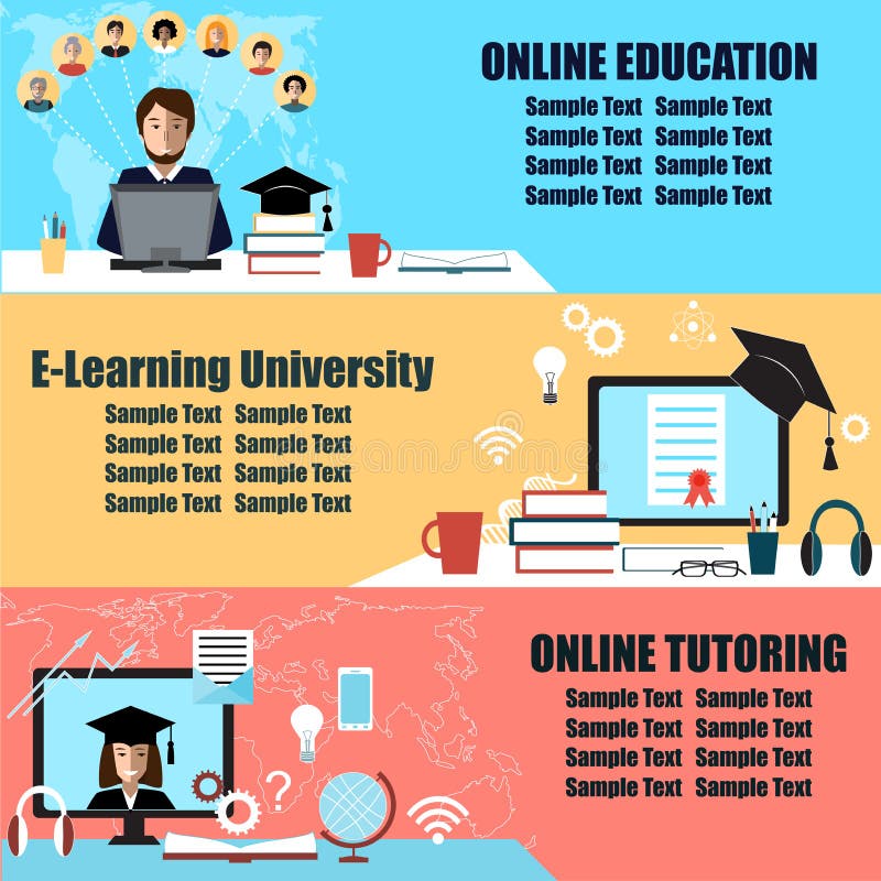 Online Education Flat Horizontal Banner Set with Distance Tutorials and ...