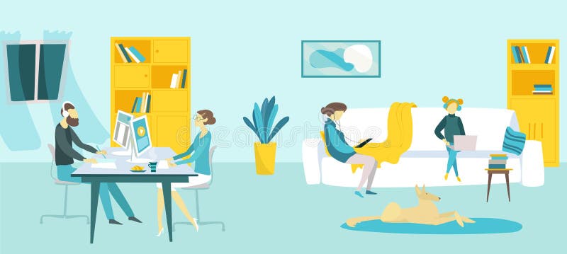 Online Education at Home, Vector Illustration. Family Character ...