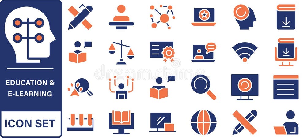Online Education Icon Set. Containing Video Tuition, E-learning, Online ...