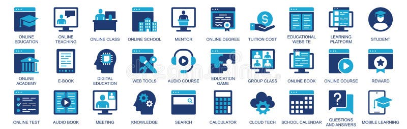 Online Education Icon Set in Flat Duotone Solid Icons Web Design. Pack ...