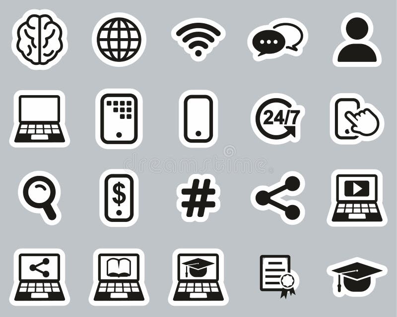 Online Education Icons Black & White Sticker Set Big Stock Vector ...