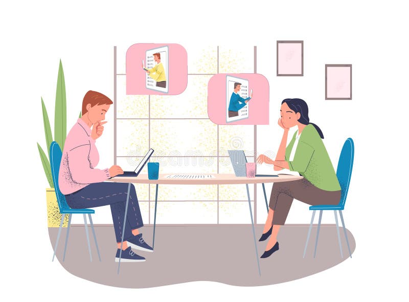 Online Education and Learning Concept. Man and Woman Watching Tutorials ...