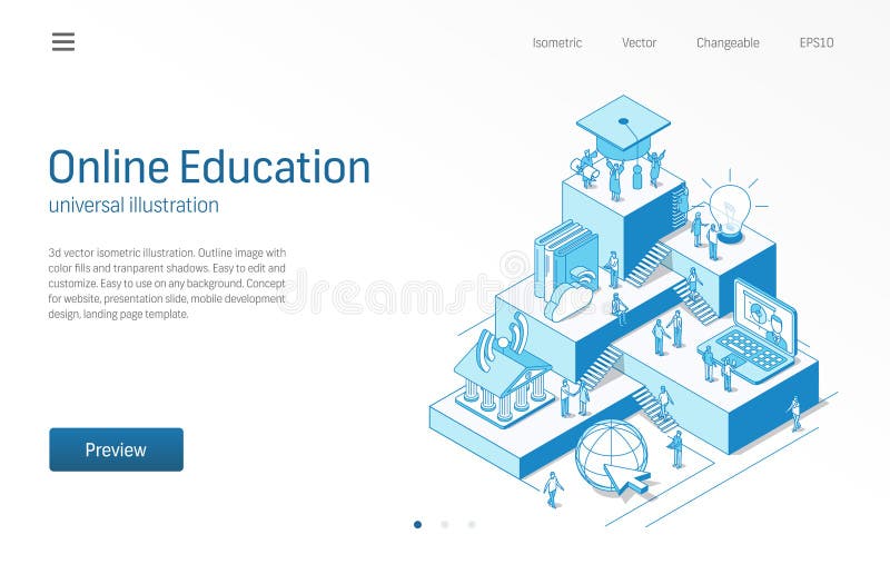 Online Education Modern Isometric Line Illustration. Distance Study ...
