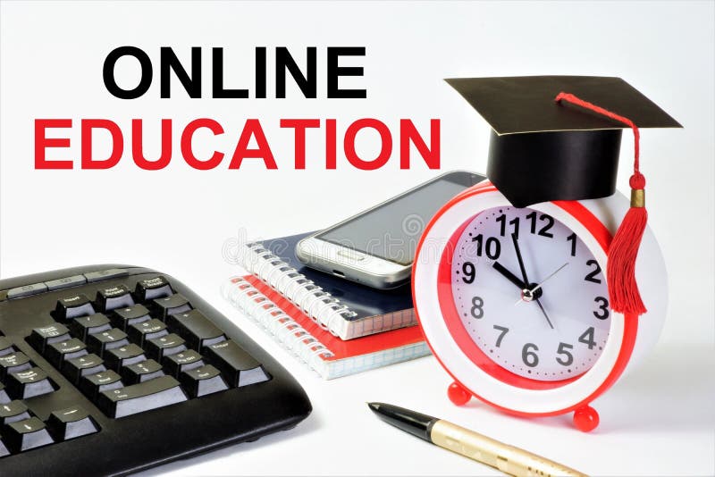 Online Education. Lettering on the Background of Textbooks, Keyboard ...