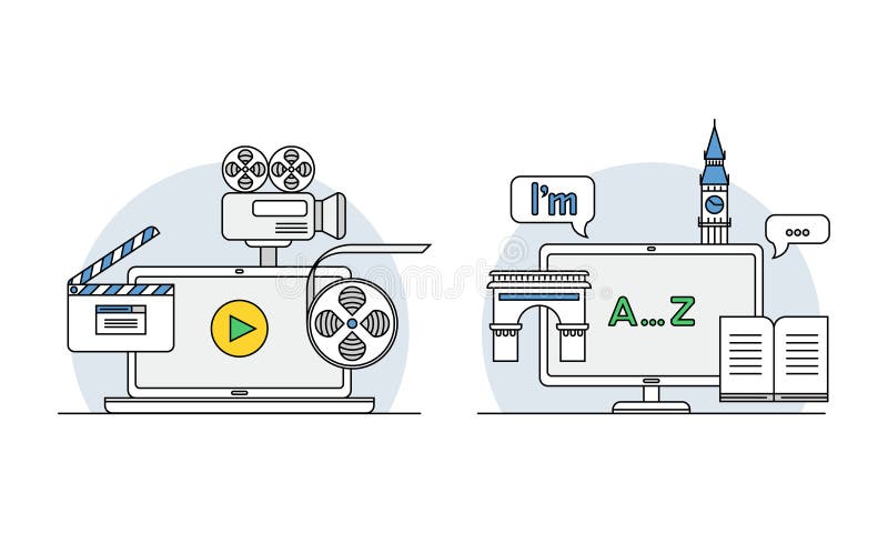 Online Education Line Symbols Set. Foreign Language Lesson, Movie Class ...