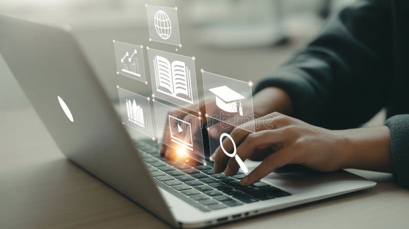 Online Education: Person Using Laptop with Digital Learning Icons ...
