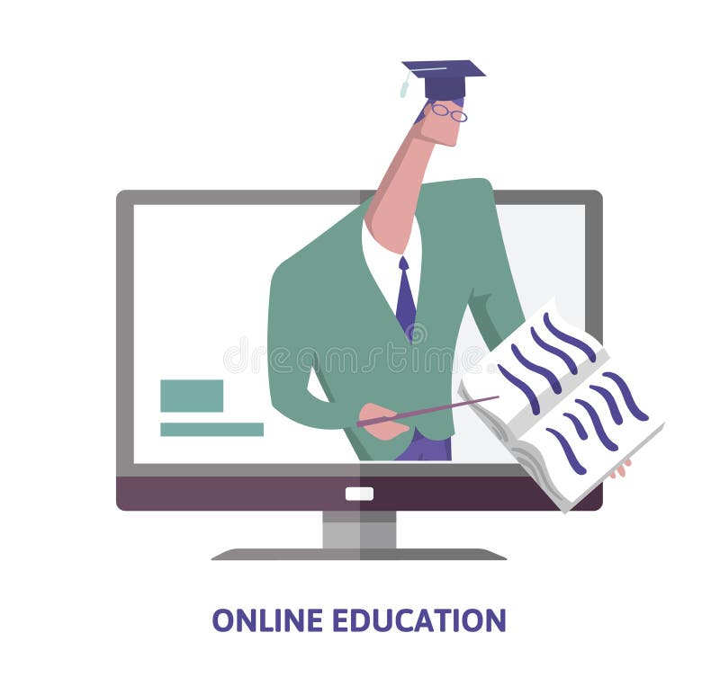 Online Education. Scholar in Hat Pointing at Book from Computer Monitor ...