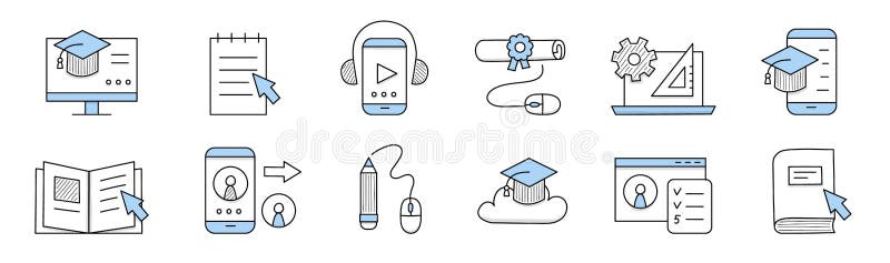 Doodle Icons of Online Education, E-learning Stock Vector ...