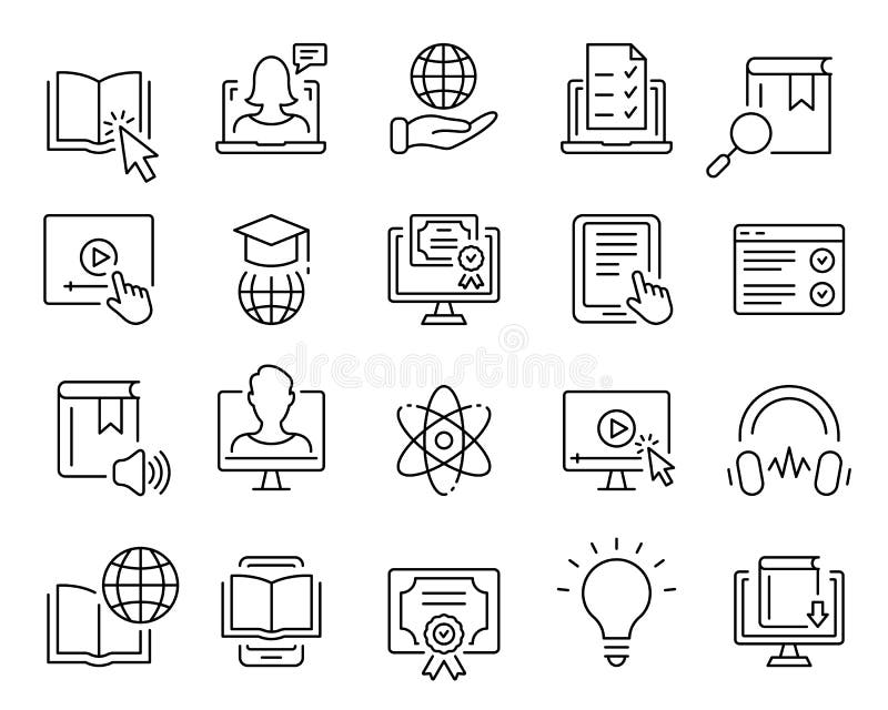 Online Education in School and University Line Icon Set. Digital Study ...