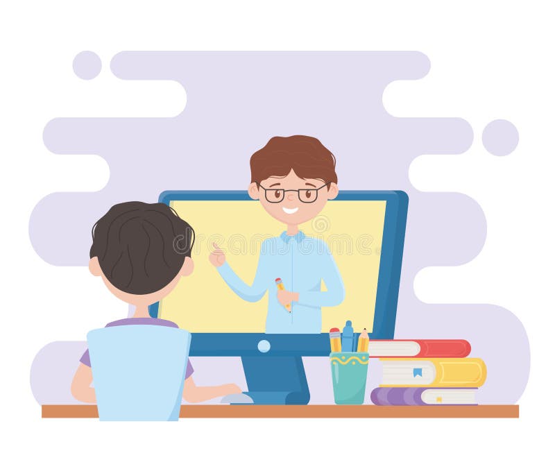 Online Education Student Boy Watching Video on Computer Stock Vector ...