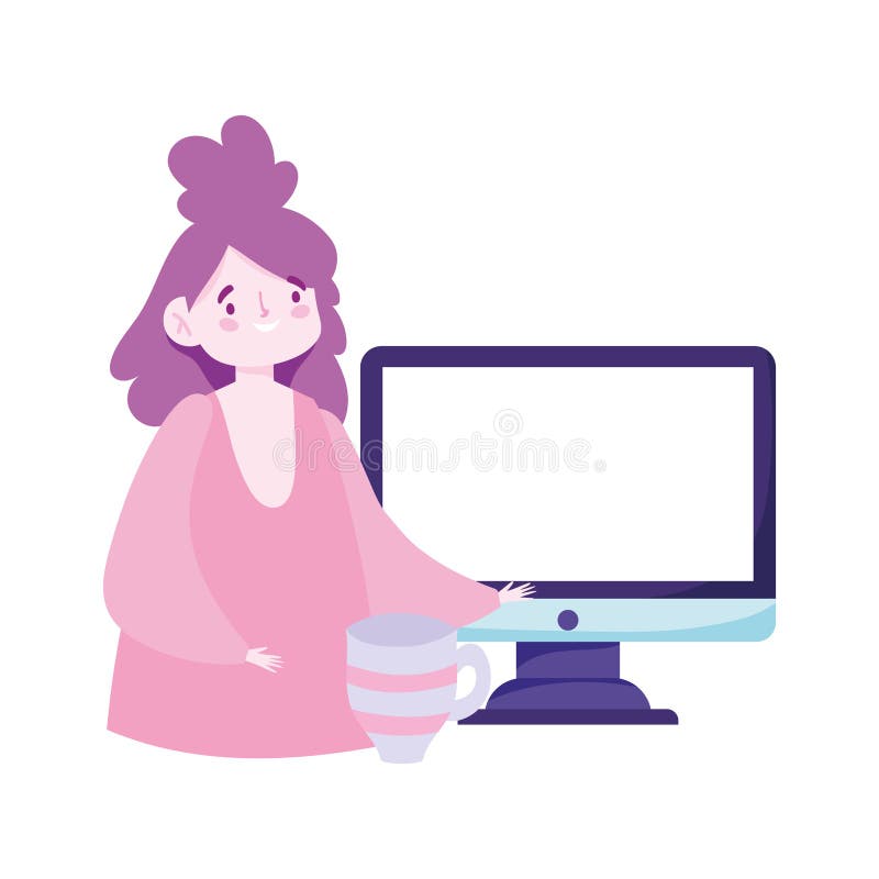 Online Education Student Girl with Coffee Cup and Computer Class Stock ...