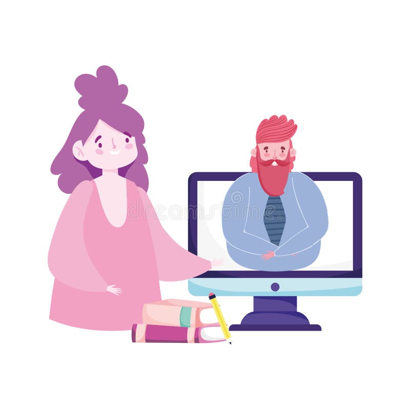 Online Education Student Girl and Teacher in Video Computer Class Stock ...