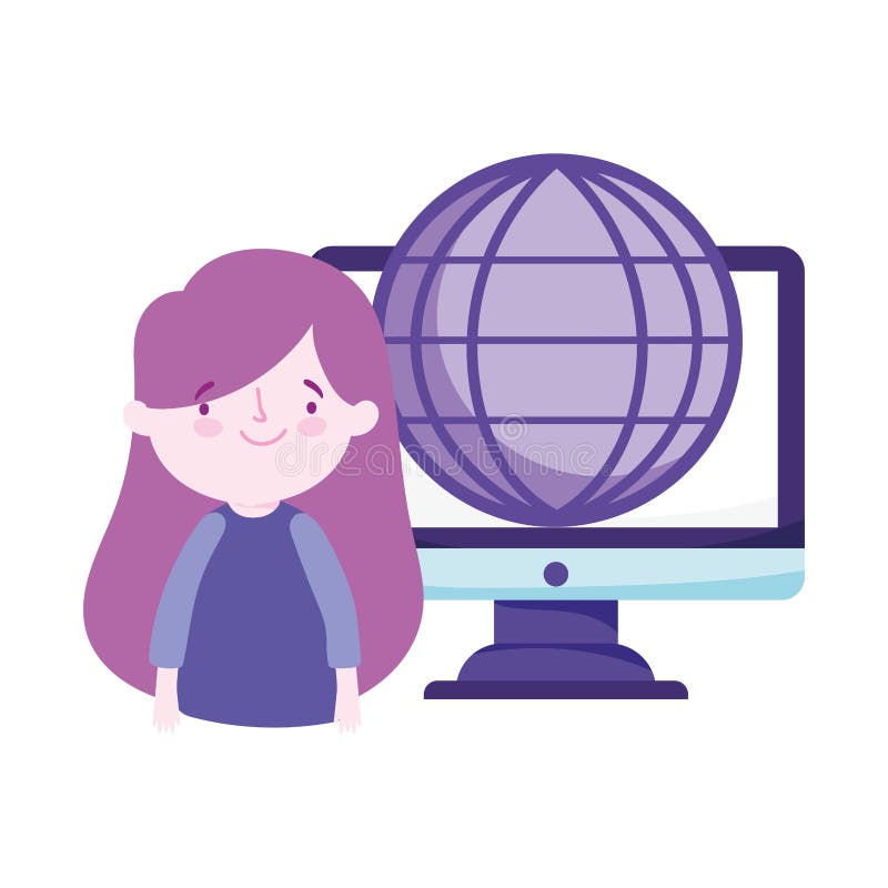 Online Education Student Little Girl with Computer World Stock Vector ...