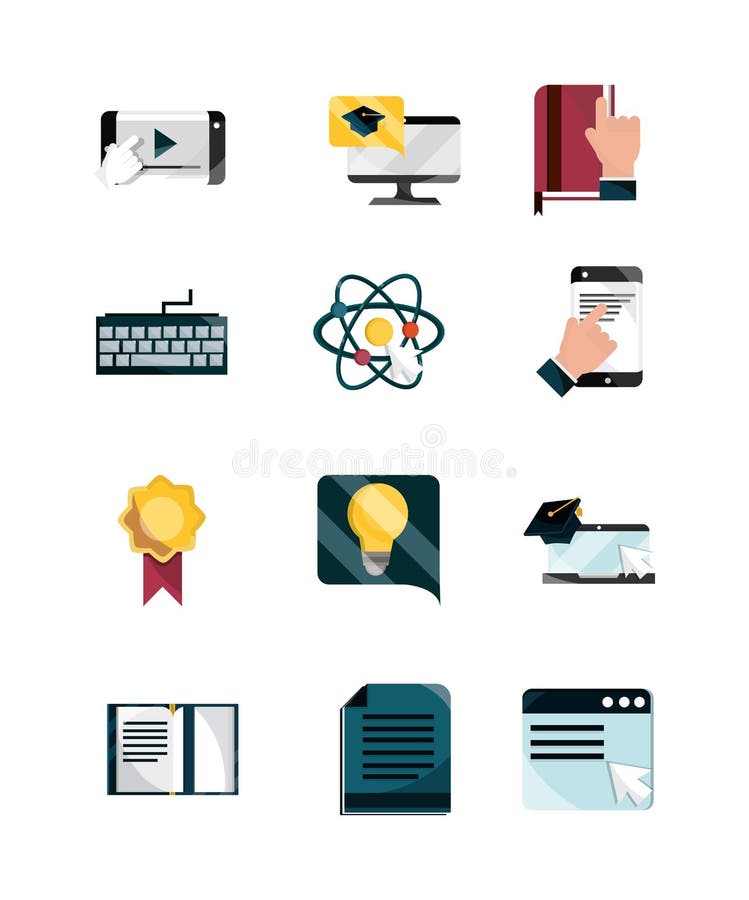 Online Education Study Technology School Icons Set Isolated Icon Shadow ...