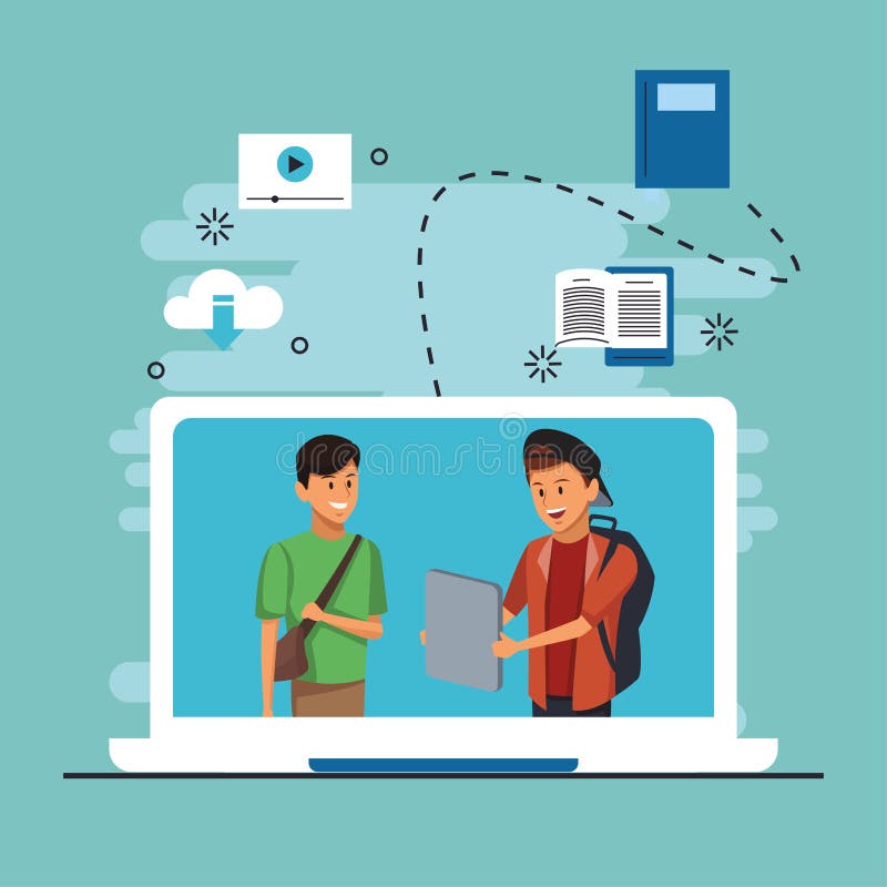 Tech Laptop and Display Open Book with Bubbles Icons Academic Knowledge ...