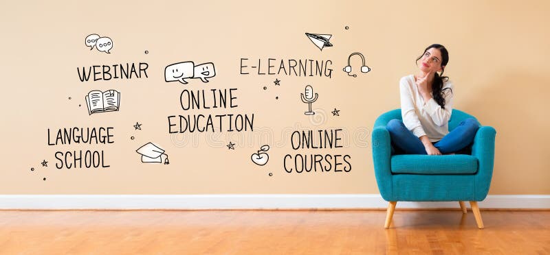 Online Education Theme with Woman in a Thoughtful Pose Stock Photo ...