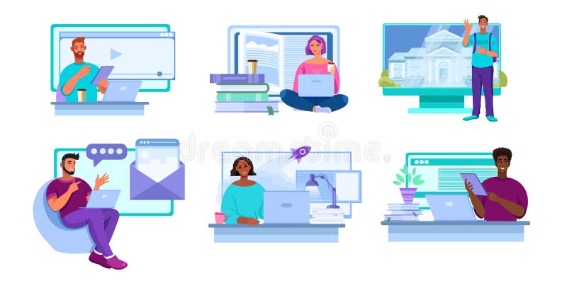 Online Education Vector Set with Diverse People Working and Studying in ...