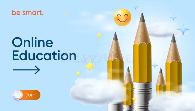 Online Education Web Banner with Pencils and Clouds, Blue Background ...