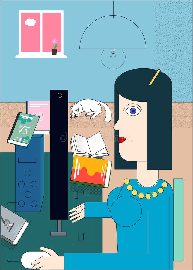 Online Education Woman at Computer Working on Education with Books ...