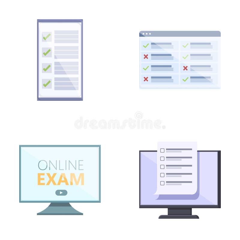 Online Exam Icons Set Cartoon Vector. Taking Exam or Test on Device ...