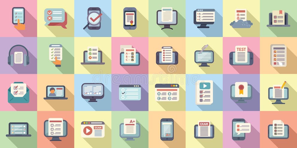 Online Exam Icons Set Flat Vector. Study Class Stock Illustration ...