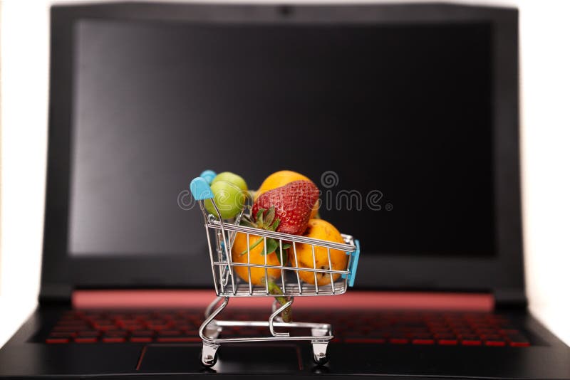 Online Food and Fruit Shopping from Home with Computer Stock Photo ...