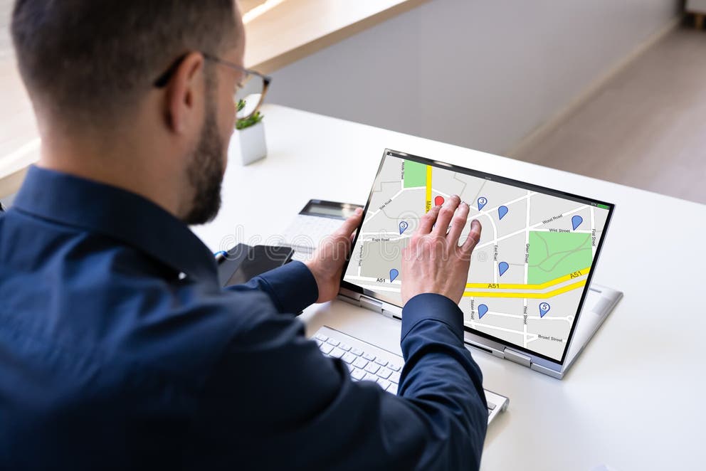 Online GPS Location Map Search Stock Image - Image of laptop, browsing ...