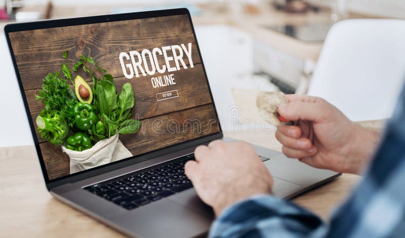 Online Grocery Order Concept. Man Orders Food Over the Internet Using ...