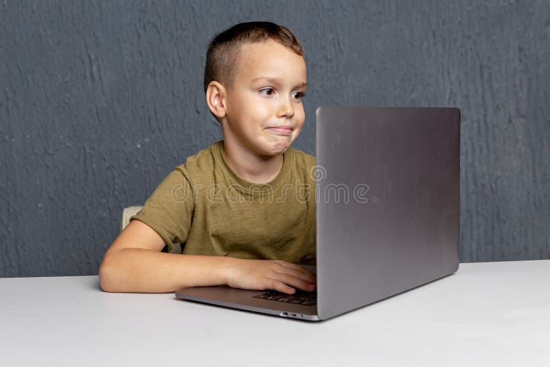 Online Home Learning Concept. Boy Sitting with Computer and Doing ...