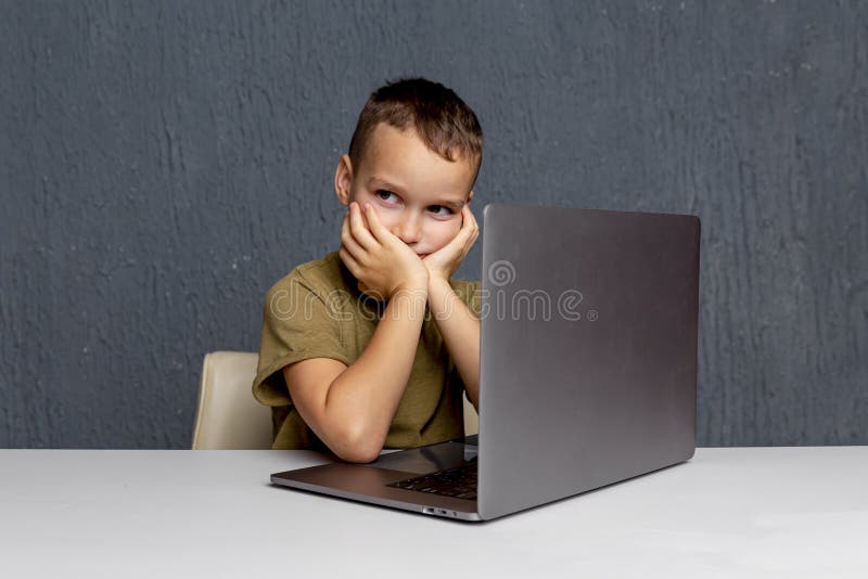 Online Home Learning Concept. Boy Sitting with Computer and Doing ...
