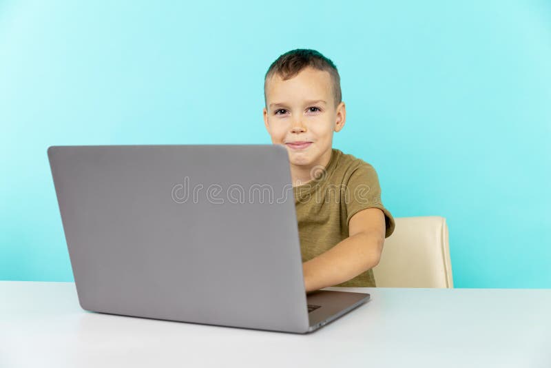 Online Home Learning Concept. Boy Sitting with Computer and Doing ...