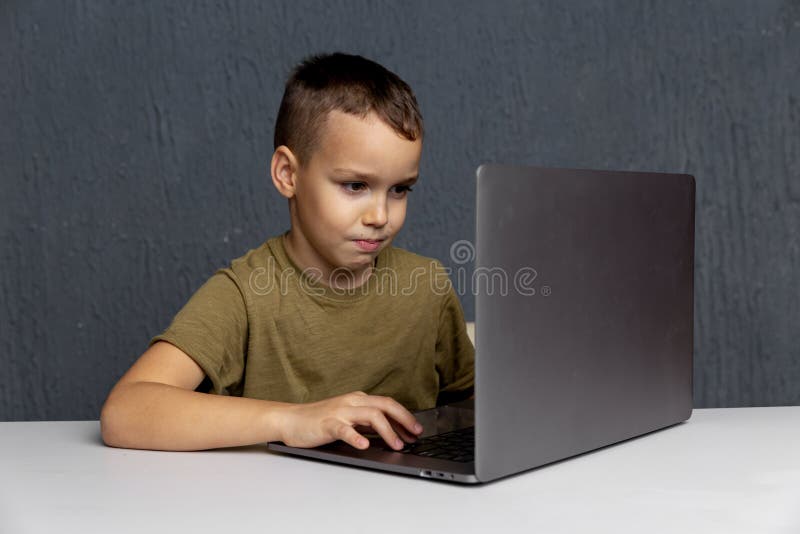 Online Home Learning Concept. Boy Sitting with Computer and Doing ...