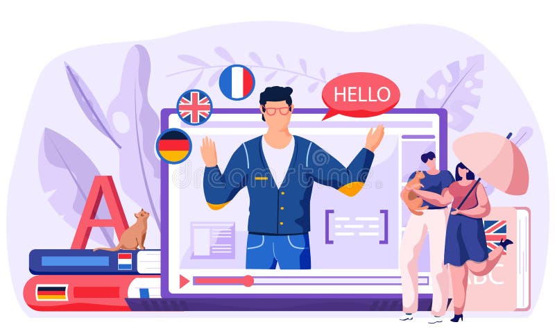 Online Internet Language Courses. Man Teacher Leads a Lesson, Conducts ...