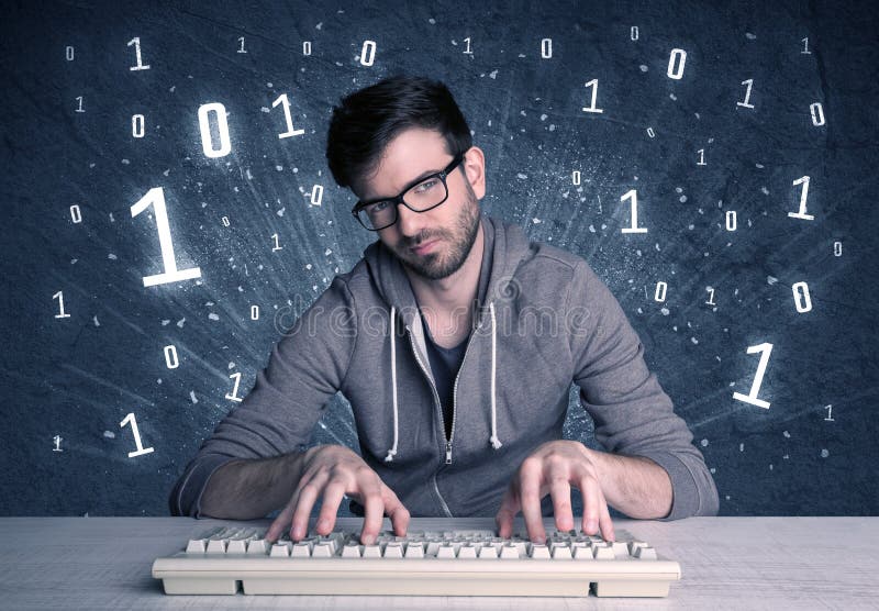 Online Intruder Geek Guy Hacking Codes Stock Image - Image: 62904649