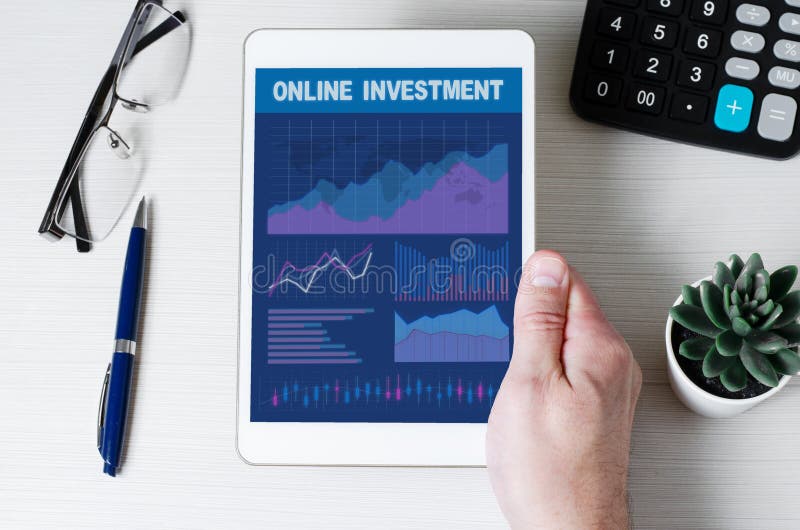 Online Investment. Tablet with Graphs and Diagrams in Men`s Hands Stock ...