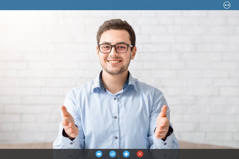 Online Job Interview. Smiling Guy Makes Gestures with Hands on Webcam ...