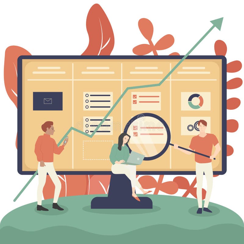 Online Kanban Board App. Illustration of Big Computer and Programmer ...