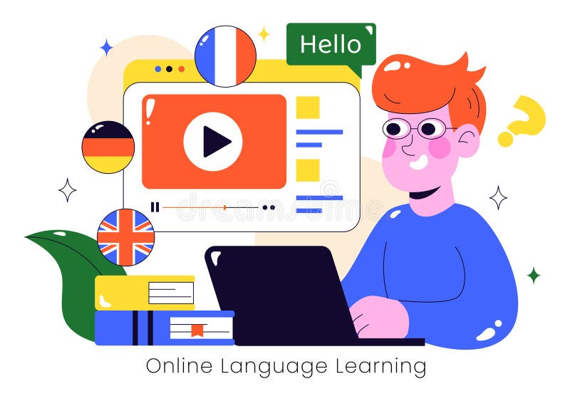 Online Language Learning Vector Illustration Featuring Courses, Training Programs, and Studying ...