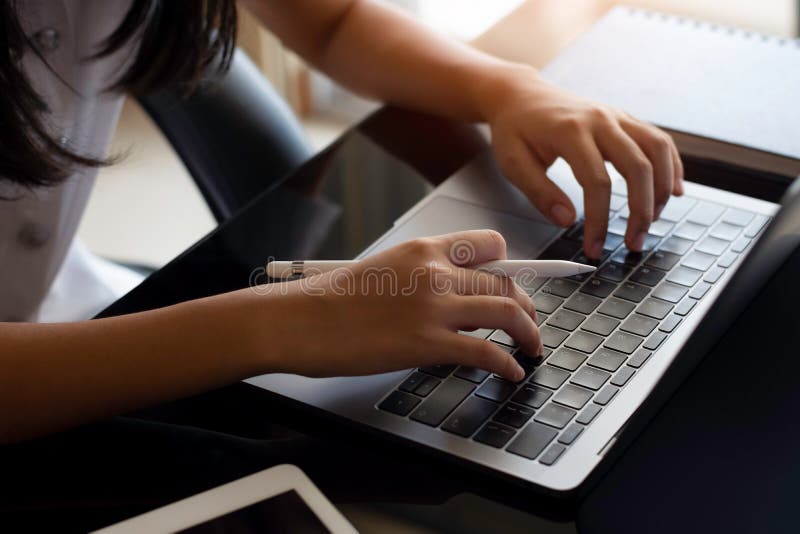Student Hands Typing on Laptop Computer. Online Working, E Learning or ...